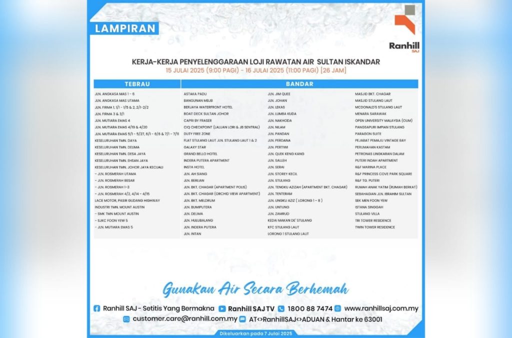 Gangguan Bekalan Air 26 Jam Di Johor Bahru, Tebrau Mulai 15 Julai - Malaysiaaktif